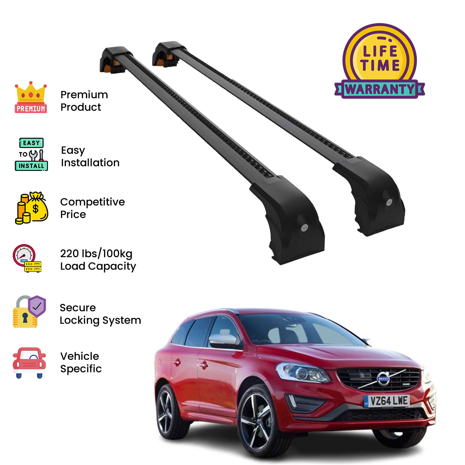 Premium Quality Roof Rack Cross Bar set for Volvo XC60 2008 - 2017 ...