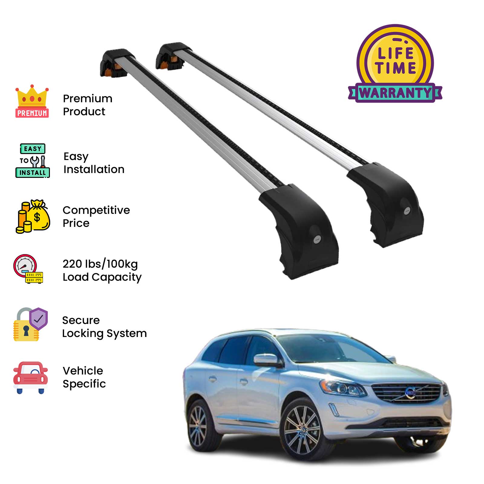 Premium Quality Roof Rack Cross Bar set for Volvo XC60 2009-2017-Silver ...